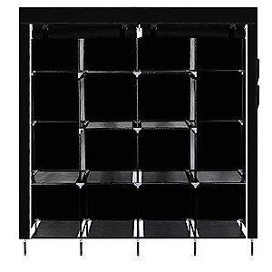 Knocbel 67" Tall Freestanding Closet Organzier Clothes Garment Rack Dustproof & Waterproof Fabric Cover with Storage Shelves 2 Hanging Rods & 4 Side Pockets (Black)