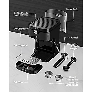 SHARDOR Espresso Machine, Automatic Latte & Cappuccino Maker, 15 Bar Pump Pressure Espresso Coffee Maker with Milk Frother Steam Wand, 1300W, Black