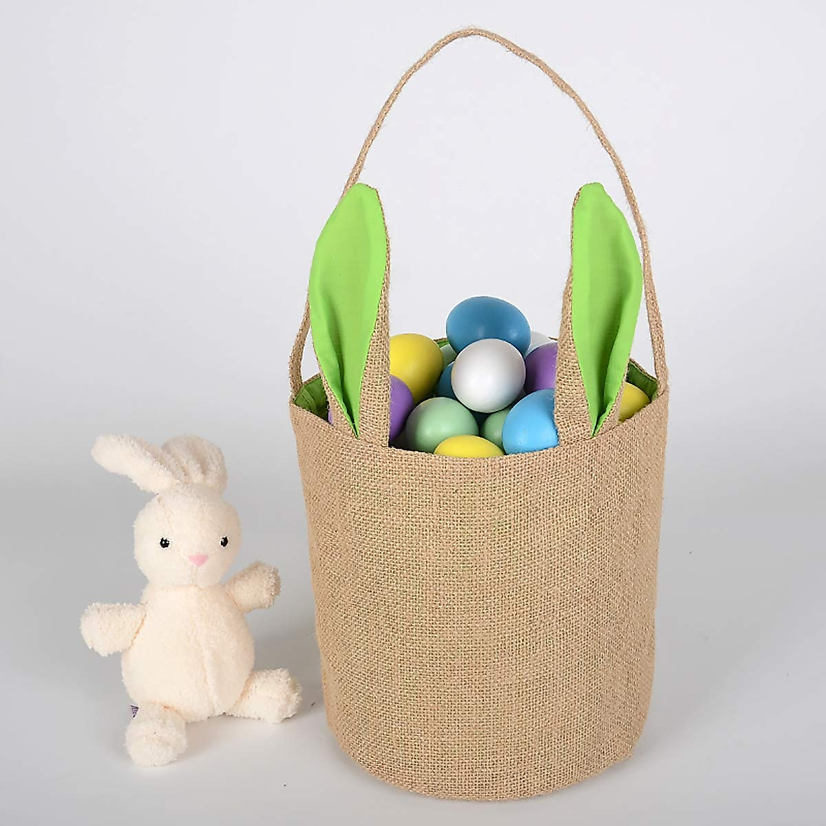 KEFAN 3 Pack Easter Bunny Baskets Jute Burlap Easter Bags with Ears Stand Up 8 x 8 x 9 Inch
