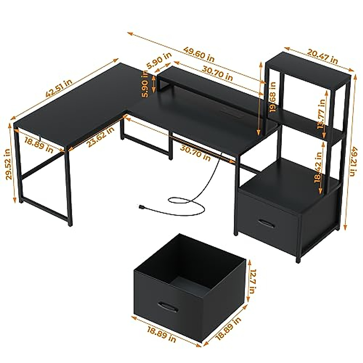 GreenForest 70 in L Shaped Desk with Drawers and Printer Stand and 47 in Computer Home Office Desk with Monitor Stand and Storage Shelves