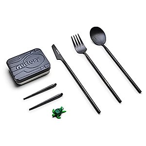 Outlery | Portable & Reusable Stainless Steel Travel Cutlery Set and Reusable Chopsticks (Black) Pocket Sized Cutlery Set