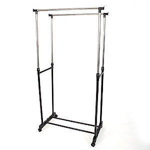 Guangshuohui Clothes Garment Rack, Double Rod Closet Double Rail Clothing Rolling Rack on Wheels and Bottom Shelves, Black & Silver (B)