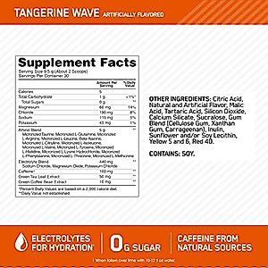 Optimum Nutrition Amino Energy Plus Electrolytes Energy Drink Powder, Caffeine for Pre-Workout Energy, Amino Acids / BCAAs for Post-Workout Recovery, Tangerine Wave, 30 Servings (Packaging May Vary)