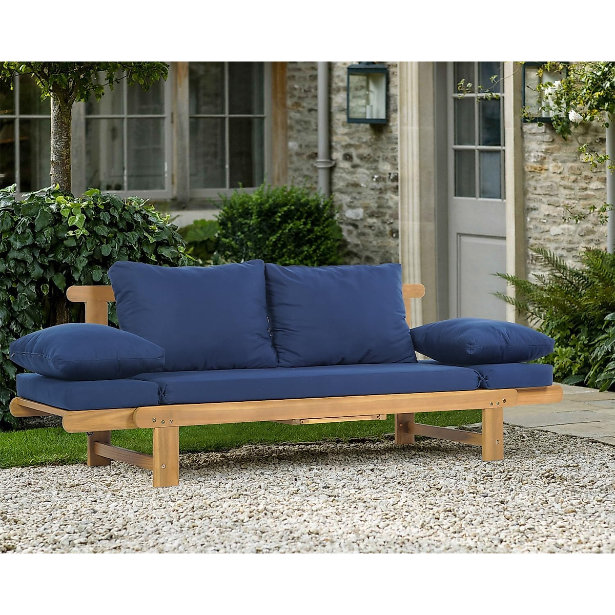 PayLessHere Outdoor Couch Patio Couch Daybed with Adjustable Armrest, Wooden Loveseat with Cushion and Pillow, and Expandable Plate