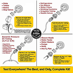 Flow Doctor Water Pressure Glycerin Filled Gauge Kit, All Purpose, 6 Parts Kit, 0 To 200 Psi, Standard 3/4" Female Garden Hose Thread Plus 5 Adapters To Test in Multiple Locations Indoors and Outdoors