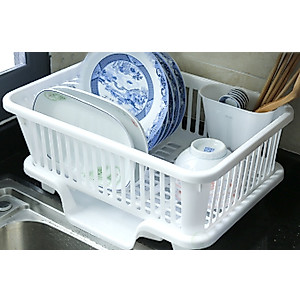 Basicwise Plastic Dish Rack with Drain Board and Utensil Cup