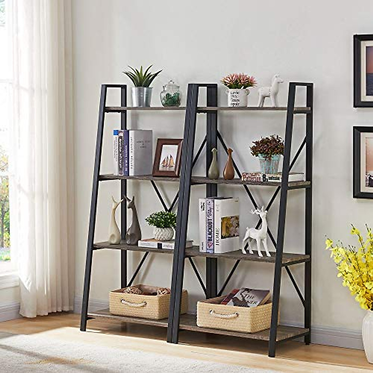 BON AUGURE Rustic Ladder Bookshelf, 4 Tier Industrial Ladder Shelf Bookcase, Standing Leaning Book Shelves for Living Room (Dark Gray Oak)