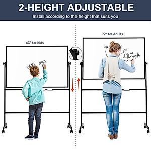Dry Erase Board White Board - TANKEE 48 x 32 Inches Height Adjustable Rolling Mobile Whiteboard on Wheels, Large Double-Sided Reversible Magnetic White Board with Stand, for Office Classroom Home