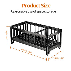 Hovadova Kitchen Sink Caddy Sponge Holder for Kitchen Sink Counter, Rustproof 304 Stainless Steel Dish Sponge Organizer with Removable Divider, Soap Brush Holder Kitchen Sink Accessories, Black