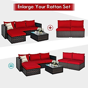 Tangkula 2 PCS Outdoor Wicker Armless Sofa, Patio Rattan Sectional Sofa Set w/2 Thick Seat Cushions and 2 Back Cushions, Additional Seats for Balcony Garden Patio Poolside (Red)