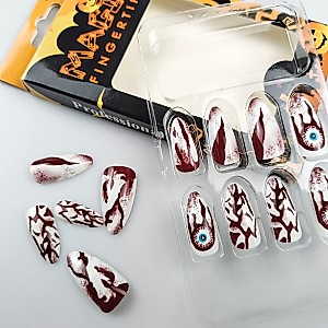 Day of the Dead Press on Nails Medium Length Halloween Fake Nails Almond False Nail with Design Halloween Horror Red Eyeball Artificial Nails Press On Full Cover Nail Tips 24Pcs