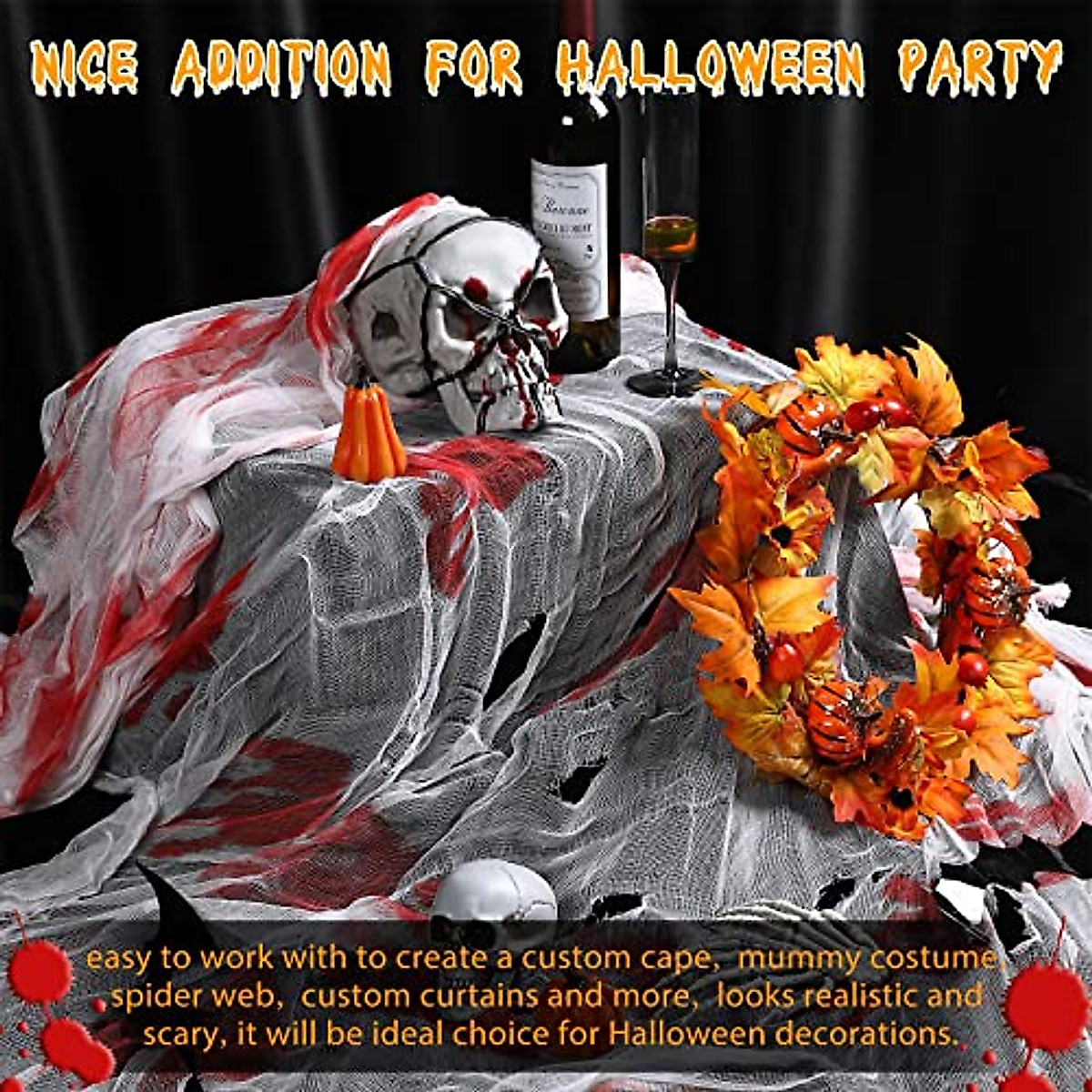 Tatuo 6 Pack Halloween Creepy Cloth Decorations 30 by 72 Inch Spooky Halloween Netting Gauze Fabric Spider Web Cheesecloth for Party for Home Outdoors(White,Bloody Hands)