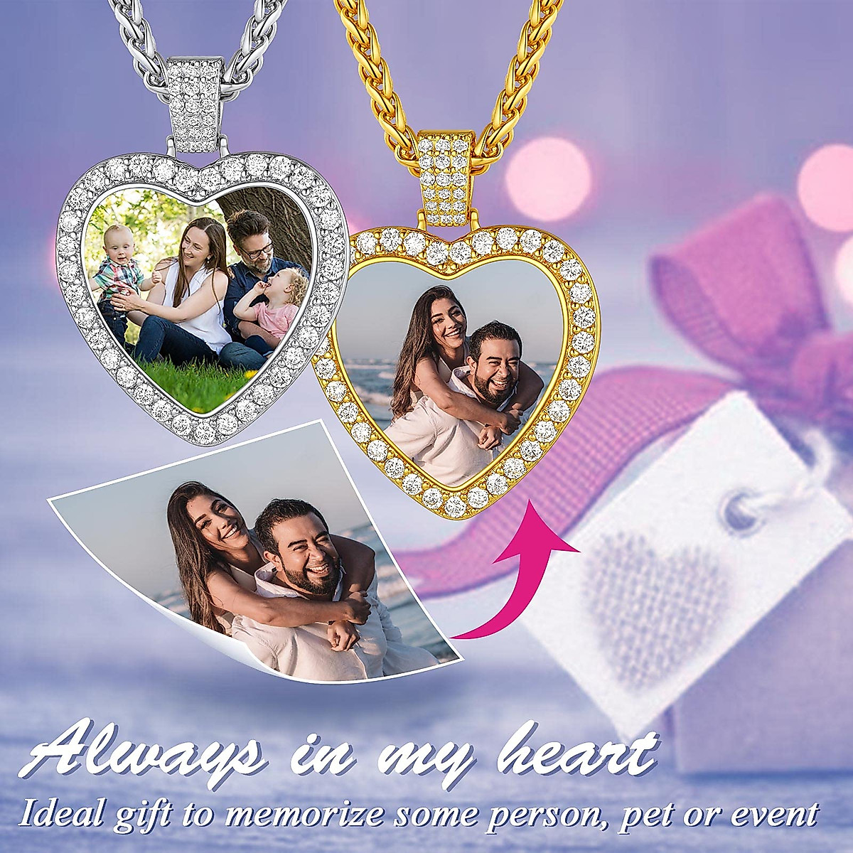 Custom Necklace with Picture Inside Photo Necklace Personalized Memorial Heart Necklaces for Women Bling CZ 18K Gold Plated Fake Gold Pendant Engraved 18'' 22'' Keepsakes Hiphop Jewelry for Lover Mother Gift for Family Couples