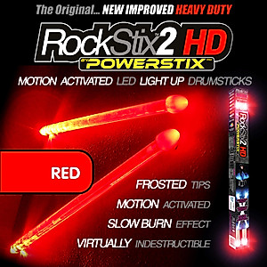ROCKSTIX 2 HD RED, BRIGHT LED LIGHT UP DRUMSTICKS, with fade effect, Set your gig on fire! (RED ROCKSTIX)