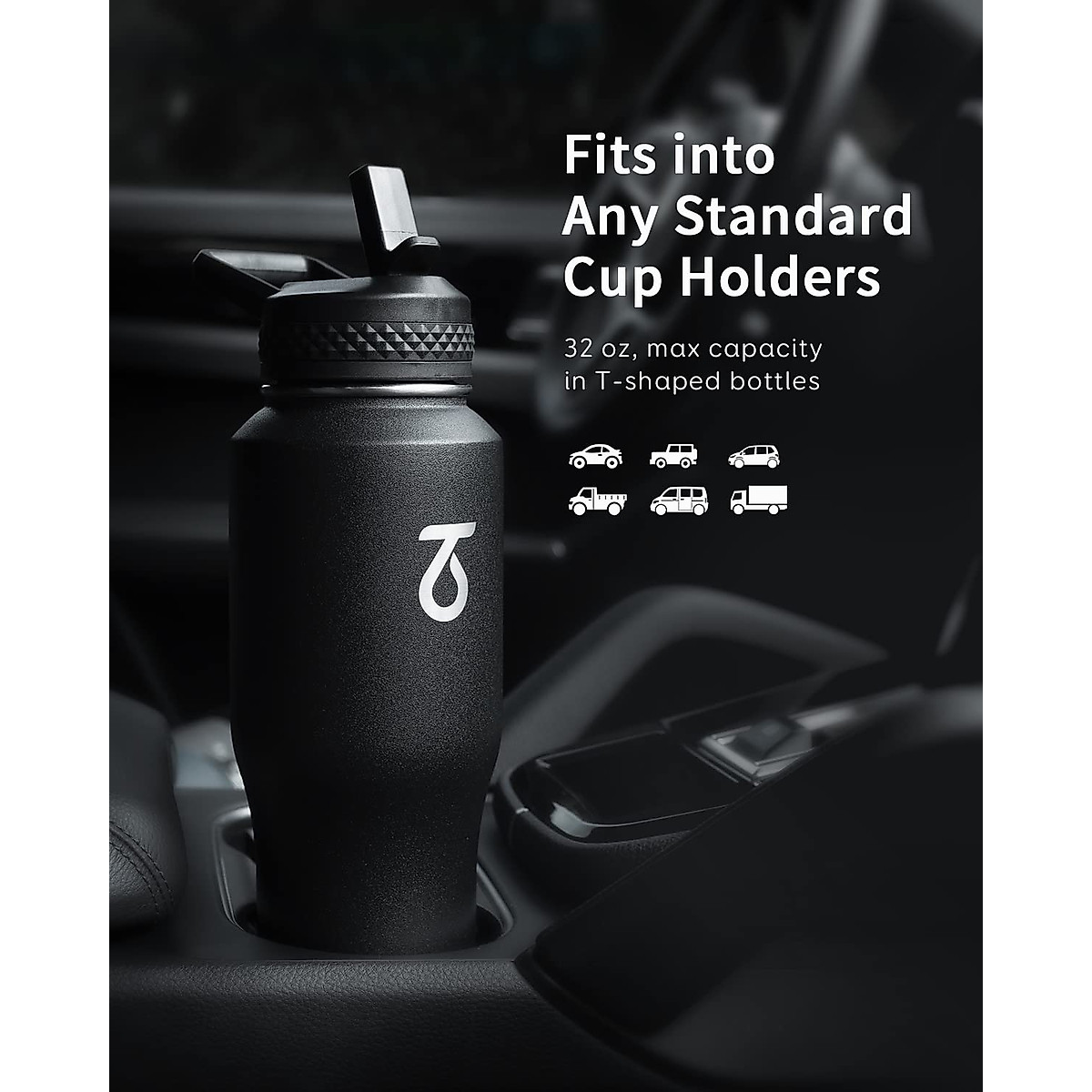 Trebo Water Bottle 32oz with Paracord Handle,Food-grade Double Wall Vacuum Stainless Steel Insulated Tumbler Flask with Straw Spout Lids,Leakproof Keep Cold & Hot,Fit in Any Car Cup Holder,Black