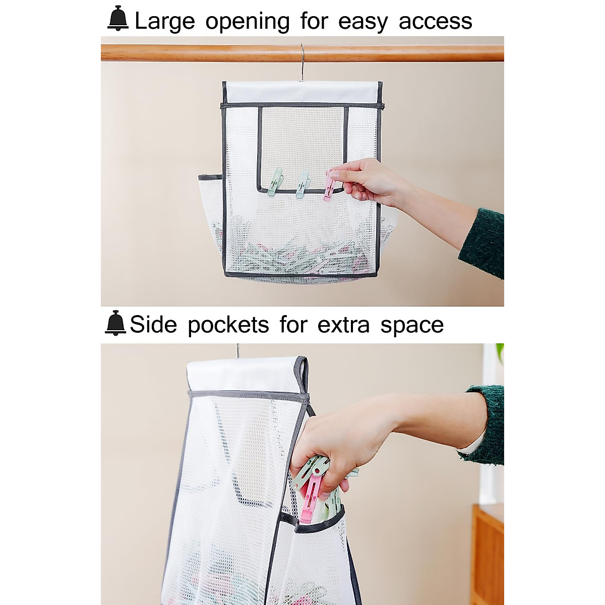 ALYER Clothpin Storage Bag with Hanger,Multipurpose Hanging Shower Basket Holder with a Large Opening (Gray Edge)