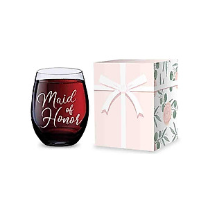 GSM Brands Stemless Wine Glass for Maid of Honor Gifts - Made of Unbreakable Tritan Plastic and Dishwasher Safe - 16 ounces