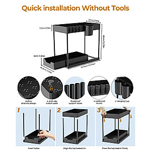 Stackable Under Sink Organizers and Storage - DILEASIR Upgraded 12in Heightened Sticks 2 Tier Under Sink Organizer with 4 Hanging Cups, 8 Dust Plugs, 8 Hooks, Multi-function Storage, Black, 2 Pack