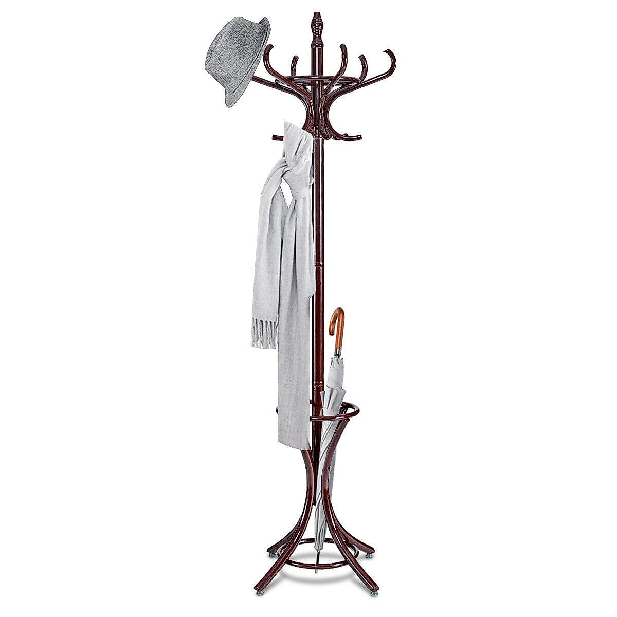 Tangkula 75.5" Standing Coat Rack, Wood Coat Tree with 12 Hooks, Home Hat Jacket Hanger Tree 12 with Umbrella Holder Coat Stand (Brown)
