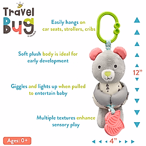 Travel Bug Multi-Sensory Baby Toy with Crinkle, Multiple Textures and Musical Playback, Stroller, Car Seat, Playmat Hanging Toy for Baby - Bear