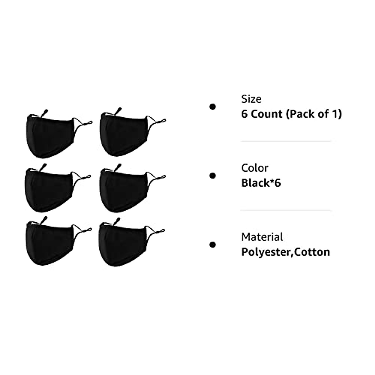 3-Ply Cloth Face Mask 6 Pack,Washable, Reusable and Breathable Face Covering with Adjustable Ear Protection Loops women/men (Black*6)