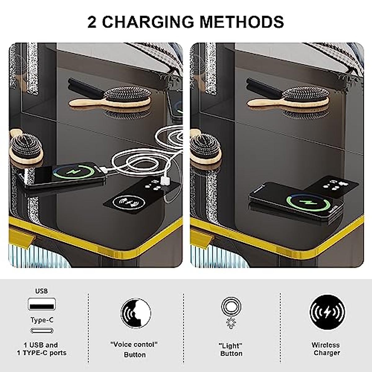 HNEBC Vanity Desk with Mirror and Lights,White Vanity Set with USB&Type-C&Wireless Charging,Makeup Vanity with Drawers/Stool, Voice Control Switch Vanity Makeup Desk for Bedroom&Dressing Room,Black