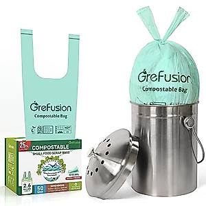 GreFusion Compostable Trash Bags with handle-tie,Garbage Bags, 2.6 Gallon,Thick 0.91 mils，Food Waste Bags,Small trash bags for compost bin kitchen,Certified by BPI and OK Compost (2.6G-50count)