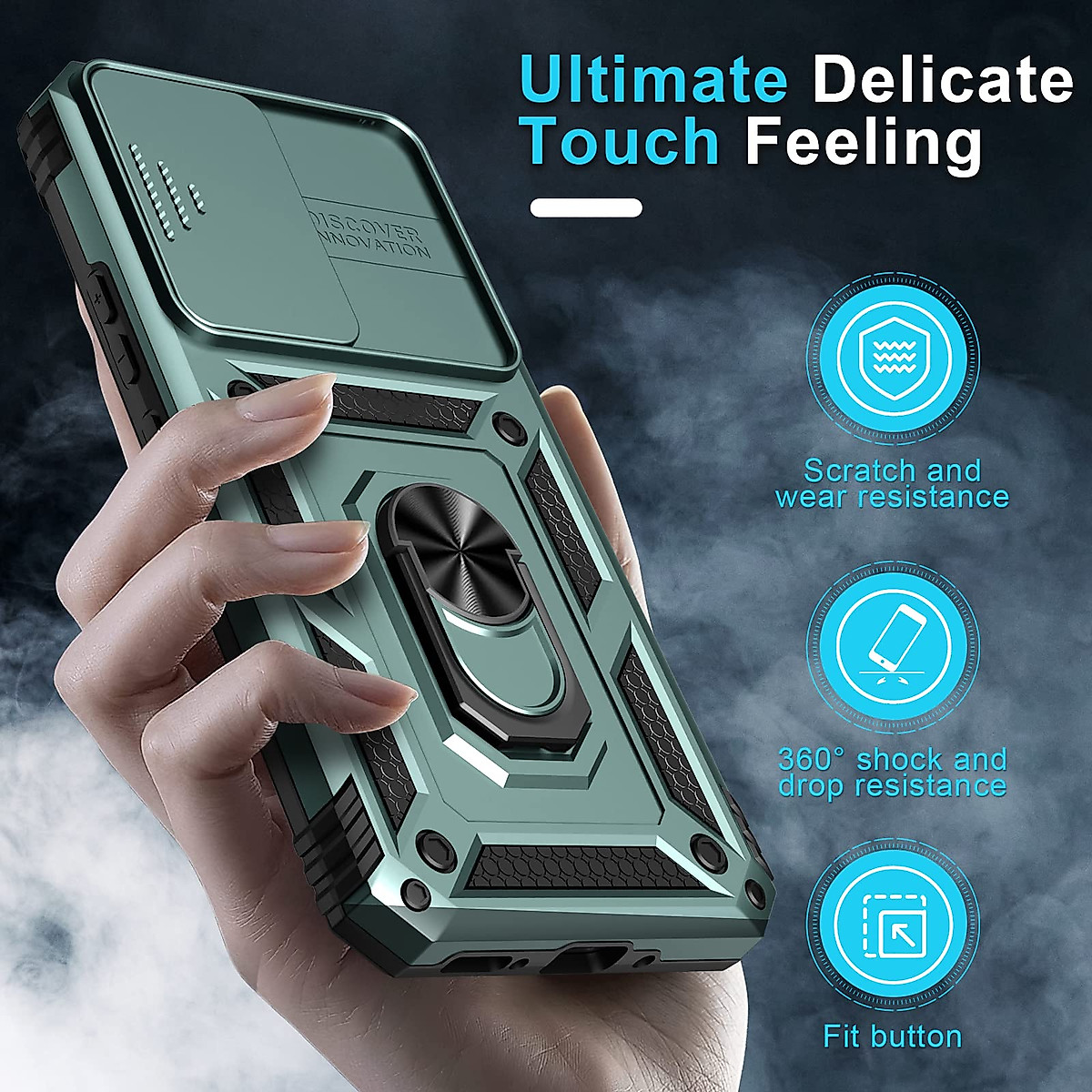 Janmitta Compatible with Galaxy A54 5G Case Built in Slide Camera Lens Cover and Screen Protector,Heavy Duty Shockproof Phone Cover,Built in Ring Stable Holder Kickstand,2023 Dark Green