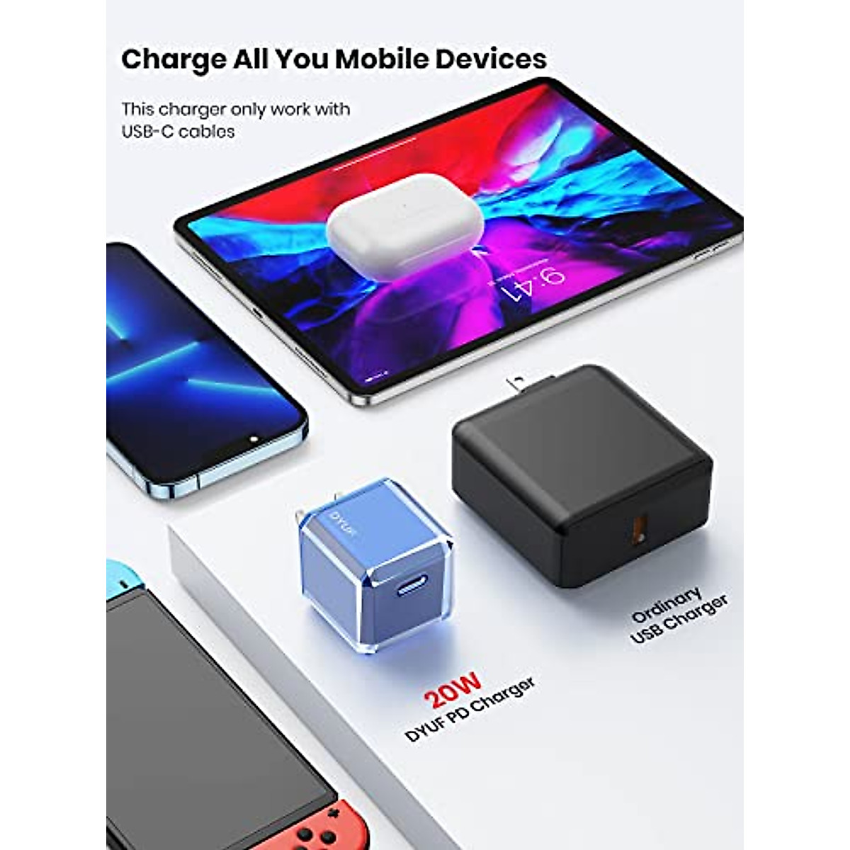 DYUF Ipad Pro Charger,20W USB C Fast Charger with 60W Ipad Charger Cord, Compatible with Samsung/iPad, Fast Charging and Data Transfer