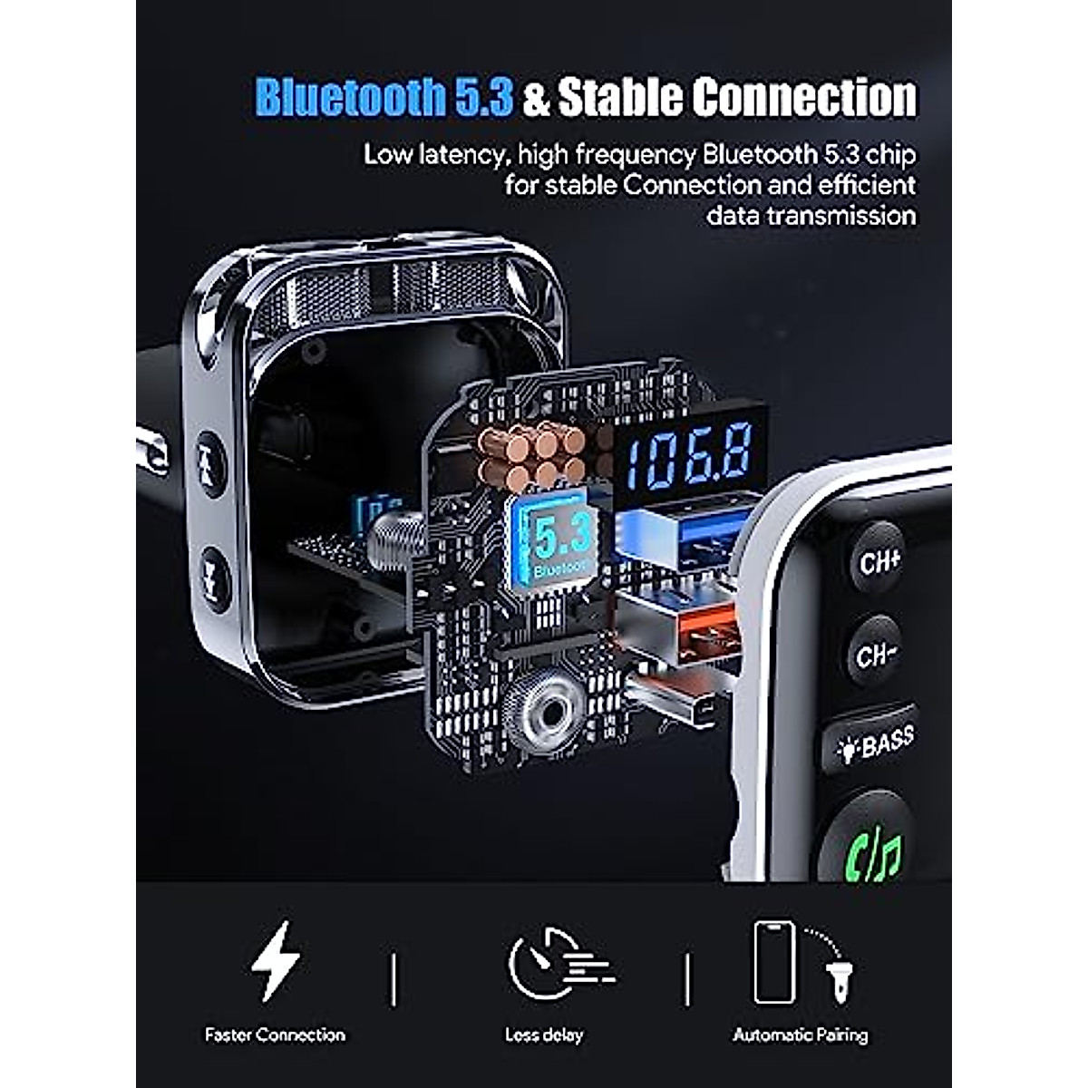 LENCENT Bluetooth 5.3 FM Transmitter,PD 30W & QC3.0 Fast Charger Bluetooth car Adapter,Hi-Fi Music/Clear Calling car FM Bluetooth Adapter