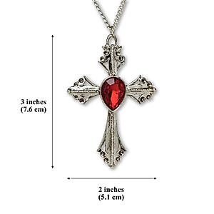 Medieval Renaissance Cross with Red Stone Silver Finish Pendant Necklace