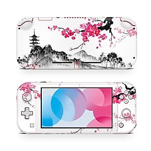 ZOOMHITSKINS Switch Lite Accessories, Compatible for Switch Lite Skin, Pink Cherry Blossom Japan Temple Asia Black Pastel Flowers, 3M Vinyl, Durable & Fit, Easy to Install, Made in The USA