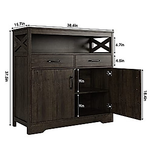 HOSTACK Modern Farmhouse Buffet Sideboard, Kitchen Storage Cabinet with Shelves and Doors, Wood Buffet Cabinet with Drawers, Coffee Bar, Floor Cabinet Cupboard for Dining Room, Dark Brown