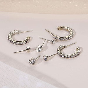 Xerling Rhinestone Stud Earrings Set for Women Multiple Piercings Small Huggie Hoop Silver Earrings Dainty Open Earrings Ear Cuff 8 Pairs