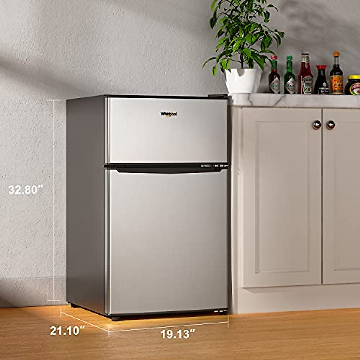 Whirlpool WHR31TS4E 3.1 Cu. Ft. Compact Refrigerator Dual Door Fridge, Adjustable Mechanical Thermostat with True Freezer, Stainless Steel Look
