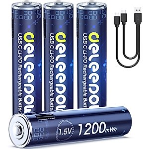 Deleepow Rechargeable AAA Batteries USB Port 1200mWh AAA Lithium Rechargeable Batteries 1500 Cycle with USB Cable 4-Pack