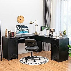 Tangkula L Shaped Office Desk, 66.5 Inches Corner Computer Desk with Storage Drawers & Cabinet, Home Office Desk with Pull-Out Keyboard Tray, Space-Saving Computer Workstation