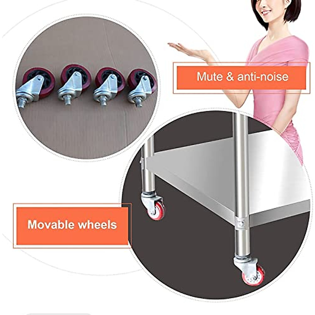 Commercial Kitchen Work Catering Table, Kitchen Work Table Stainless Steel Worktable Commercial Heavy Duty Prep Workbench with 4 Casters (Wheels) for Restaurant, Hotel Rack (Size : 100x60x85cm)