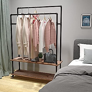 TEDIDUWA Industrial Pipe Clothing Rack,Industrial Clothing Rack with Shelf,Heavy Duty clothes rack on Wheels, Garment Rack Double Hanging Rods,For Bedroom, Lanudry room,Living room, Retail store