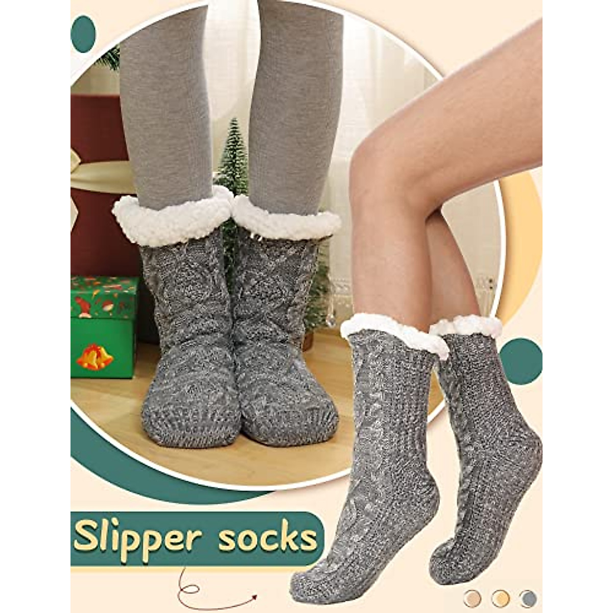 Fuzzy Slipper Socks for Women Fluffy Cozy Cabin Fleece Winter Warm Plush Home Thick Comfy Grips Non Slip Socks Christmas Gift Stocking Stuffer（Knit- Grey Blue）