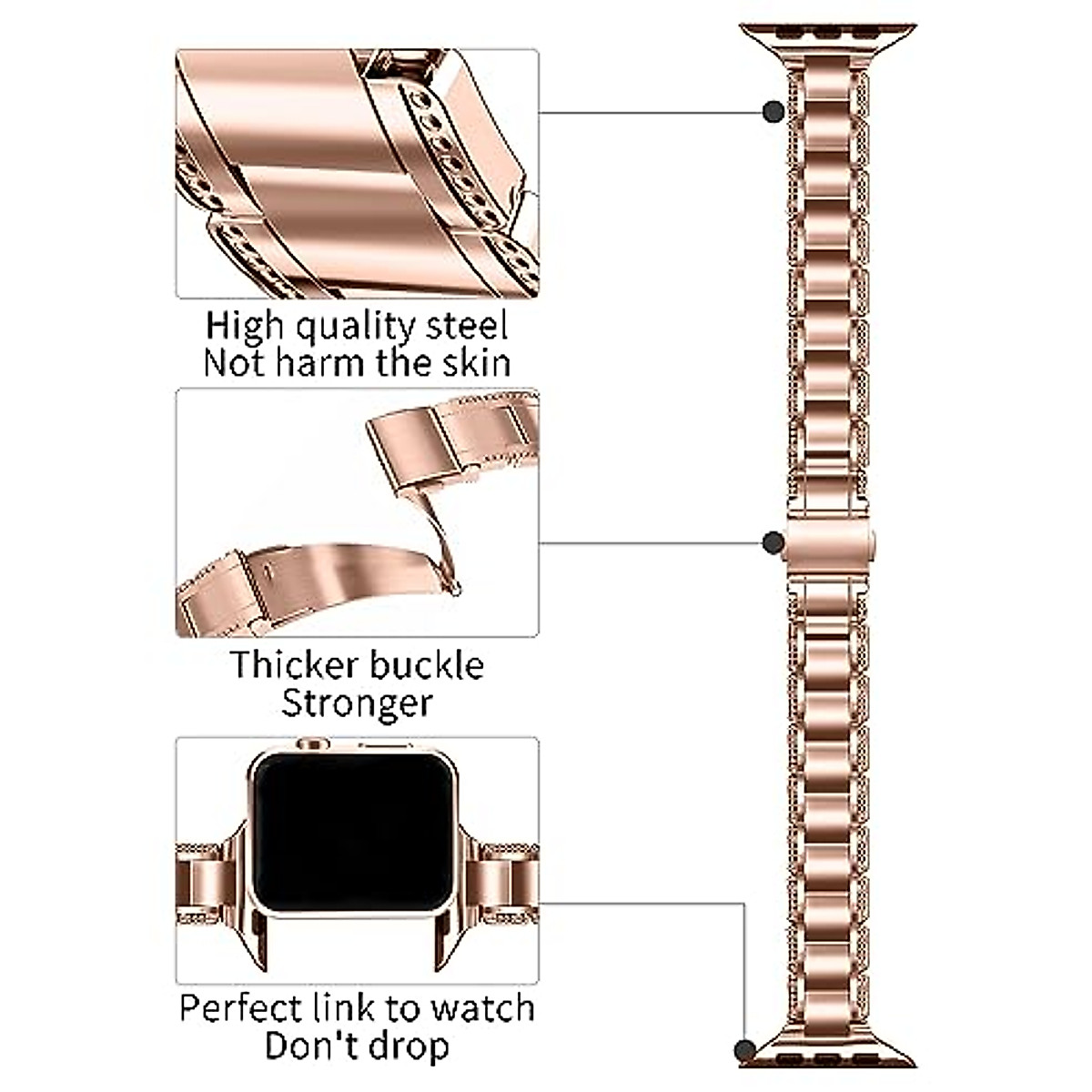 QUNDAXI for Apple Watch Band 41mm 40mm 38mm 45mm 44mm 42mm Series 8 7 6 5 4 3 2 1 SE SE2 Women Watchband Stainless Steel Metal for iWatch Bands (38mm 40mm 41mm, Rose gold)