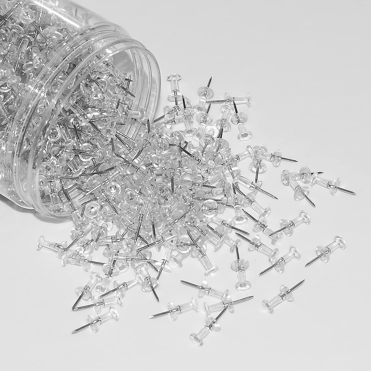 JIKIOU Push Pins Tacks 800 Count in Reusable Box, Standard Clear Thumb Tacks Steel Point and Clear Plastic Head for Wall Corkboard Map Calendar Photo Home Office Craft Projects Plastic Head Steel Pin