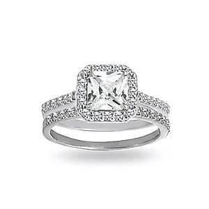 Hoops & Loops Sterling Silver Cubic Zirconia Princess-cut Halo Bridal Wedding Band Engagement Ring Set, Size 8