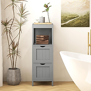 Tangkula Small Bathroom Storage Cabinet with 2 Removable Drawers, Wood Freestanding Floor Cabinet for Bathroom, Anti-Tipping Device, Side Corner Small Cabinet for Small Spaces (Grey)