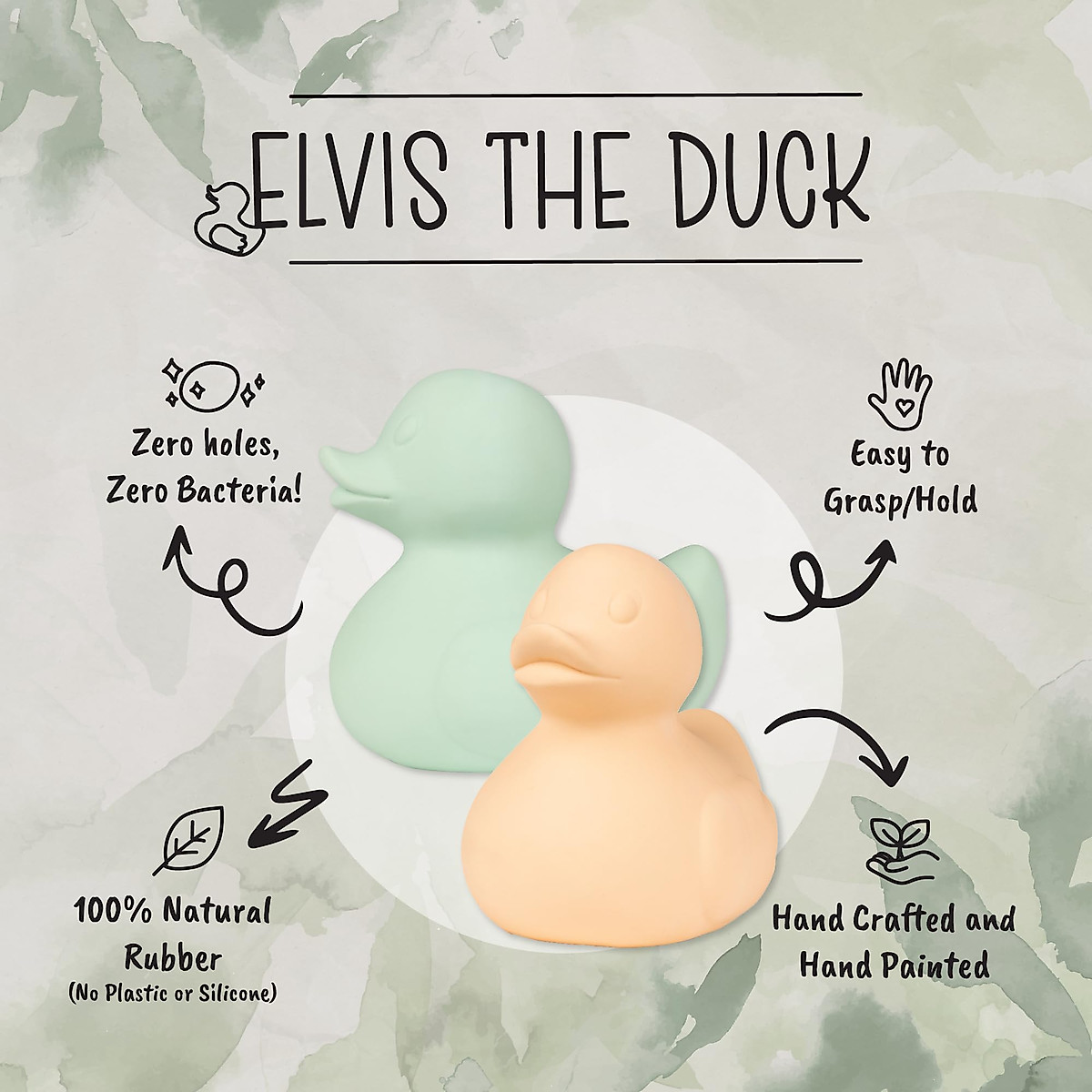 Oli & Carol Duck Toy - Elvis The Duck | Natural Hevea Rubber | Rubber Ducky Baby Bath Toys | Baby Teether | Hevea Bath Toys for Babies 0-12 Months (Mint)