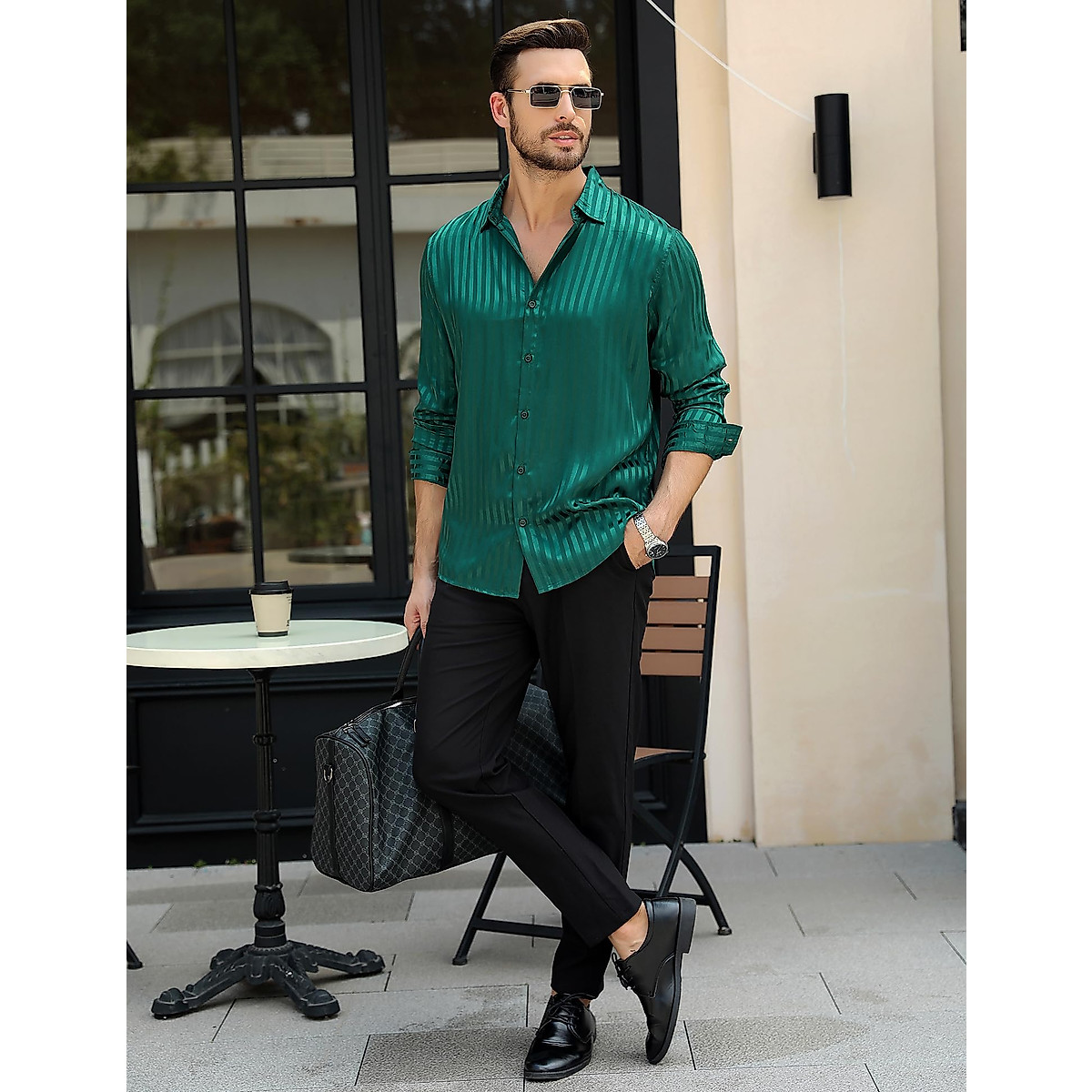 URRU Men's Striped Dress Shirts Green Satin Shirt Casual Luxury Long Sleeve Button Down Wedding Shirt Party Prom Shirt Dark Green XL