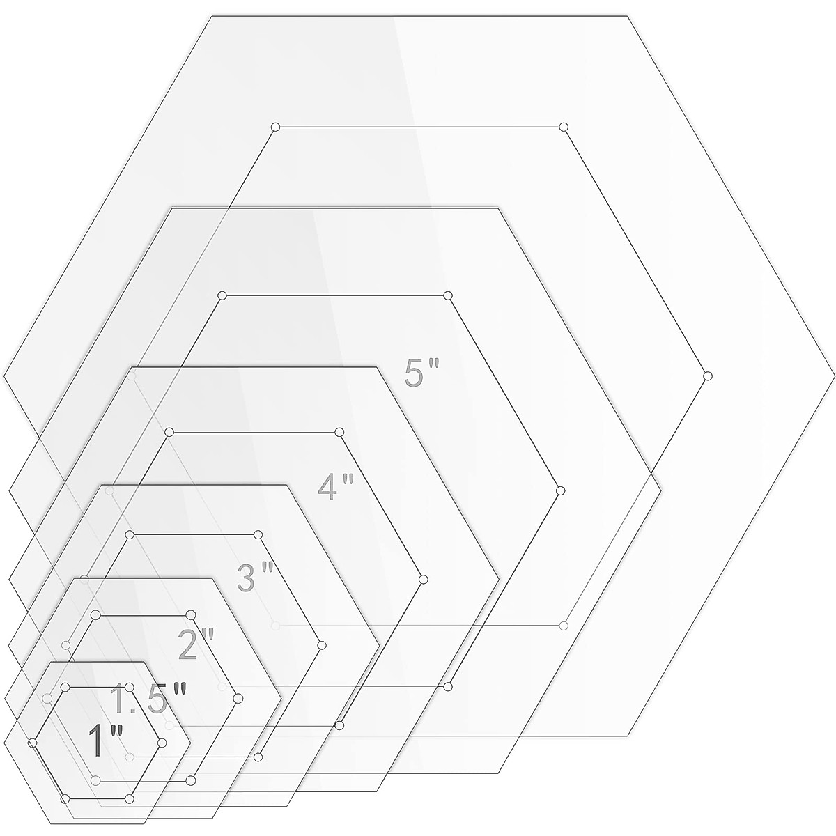 6 Pieces Hexagon Quilting Templates 1 Inch, 1.5 Inch, 2 Inch, 3 Inch, 4 Inch, 5 Inch with 1/4 Inch Seam Allowance, Acrylic Quilting Templates for DIY Quilting Sewing Crafts