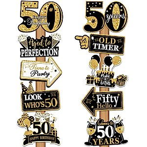 Guiruiy 20Pcs 50th Birthday Decorations for Men Women, Happy 50th Birthday Door Banner, Black Gold 50th Birthday Photo Booth Props, Waterproof Thick Cardboard 50 Bday Party Supplies for Indoor Outdoor