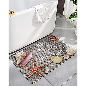Gogobebe Super Absorbent Diatom Mud Mat Starfish Shell Conch on Vintage Wooden Planks Quick-Drying Thin Bath Mat Non-Slip Bathtub Mat Anti-Skid Rubber Bathroom Shower Mat 16x24in