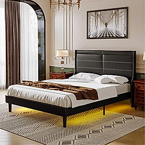 Origeture Queen Size Bed Frame with RGBW LED Lights Leather Headboard, Heavy-Duty Leather Upholstered Platform Bed with Thicker Wooden Slats Support, Noise-Free, Easy Assembly, Black